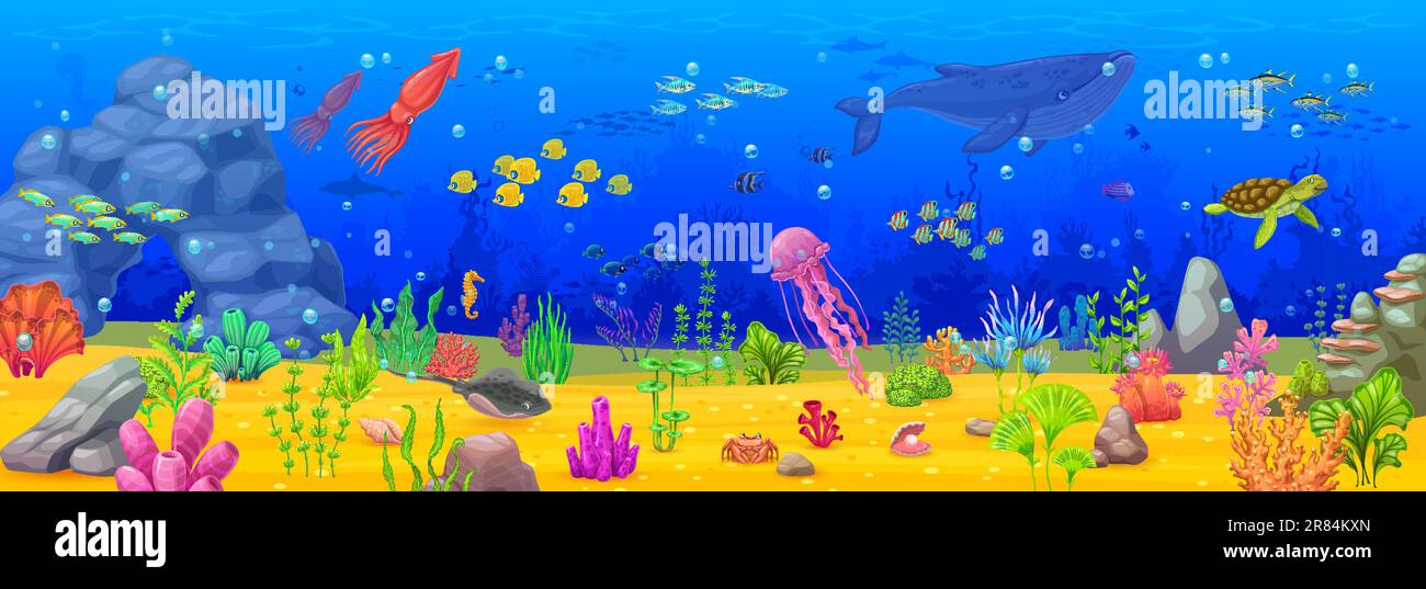 Cartoon underwater sea landscape and animals. Ocean bottom life ...