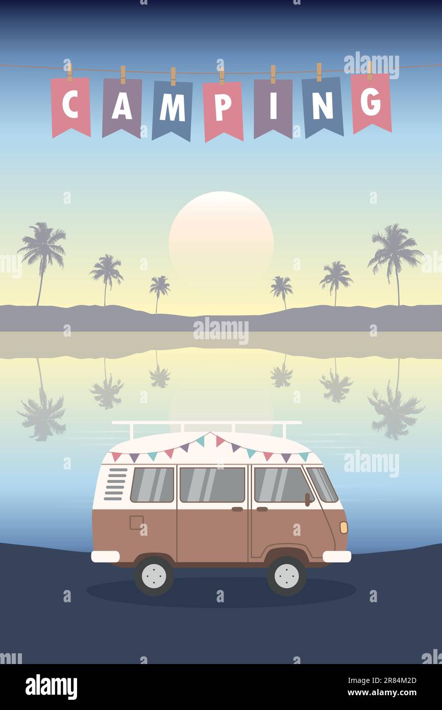 tropical camping adventure summer holiday with camper van Stock Vector ...