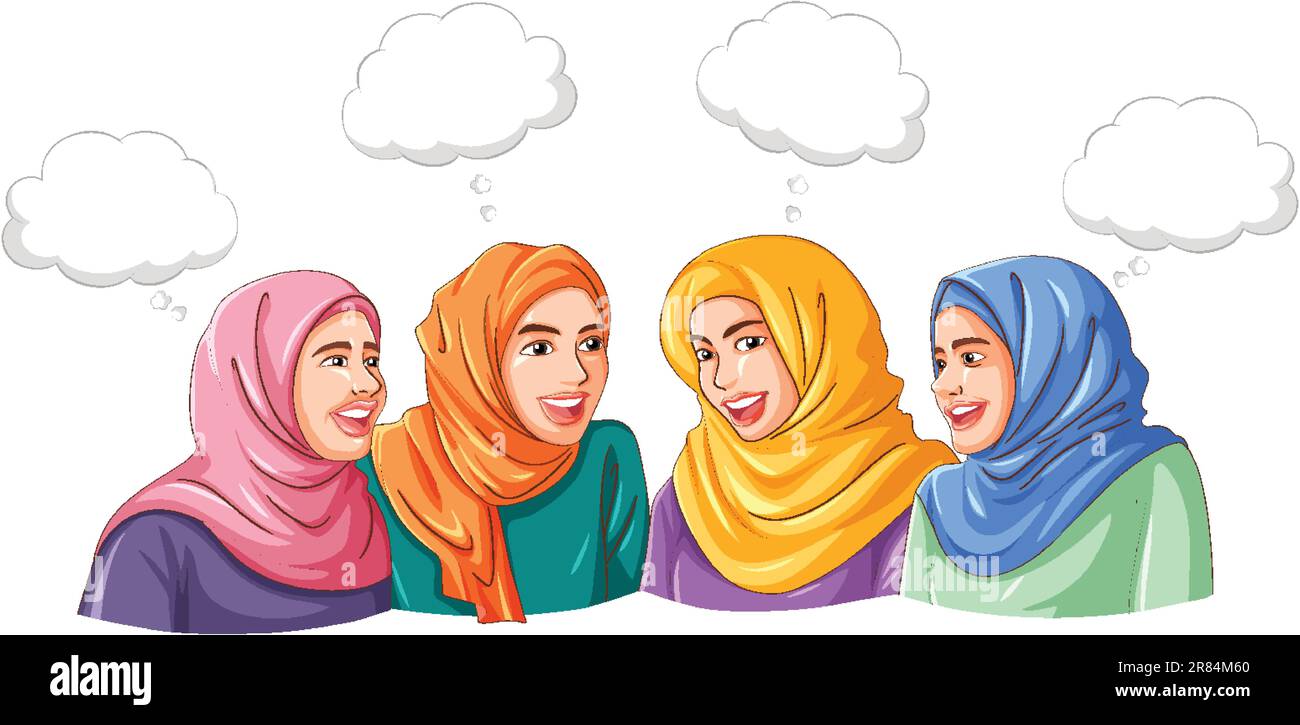 Group of Muslim female talking with blank speech bubble illustration ...