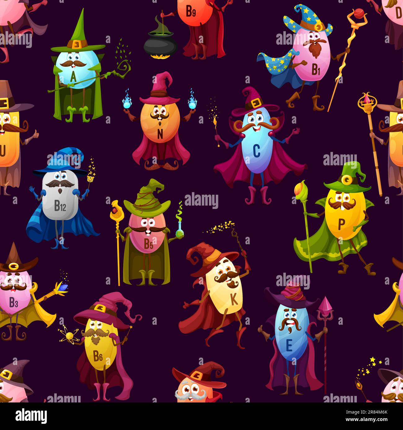Cartoon vitamin wizards, mages and sorcerers characters seamless ...