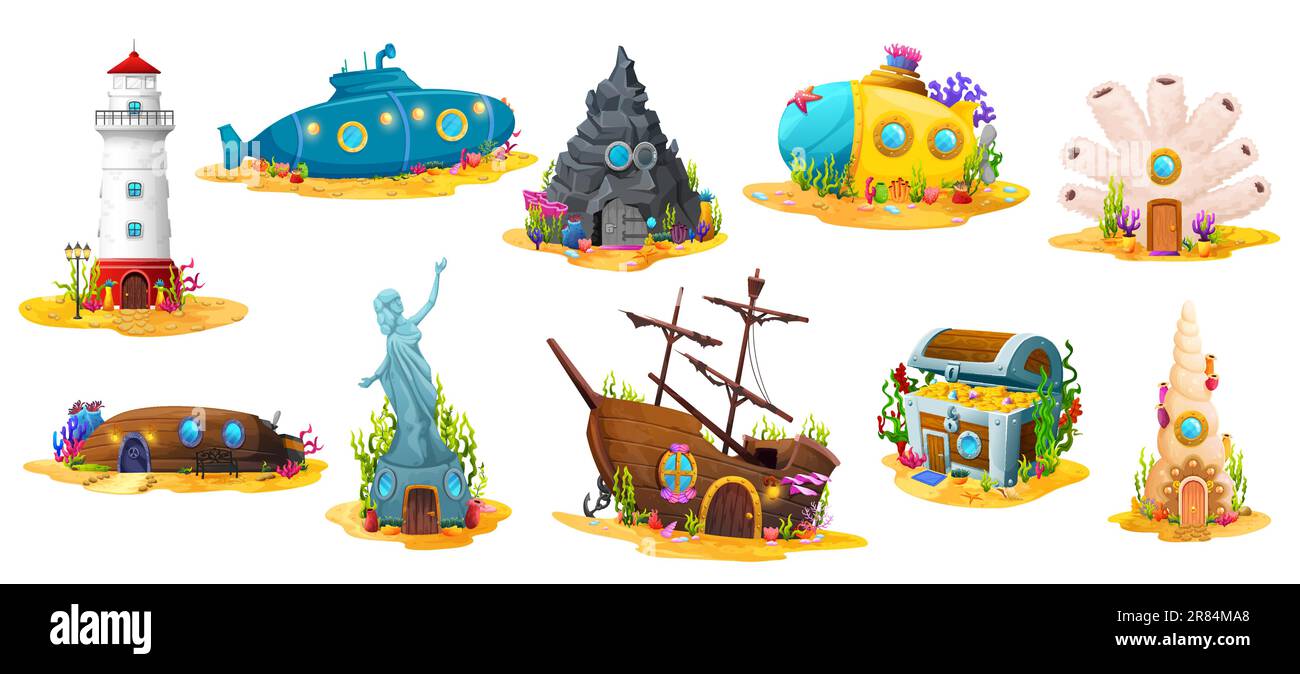 Cartoon underwater buildings game asset. Isolated vector sunken ship ...