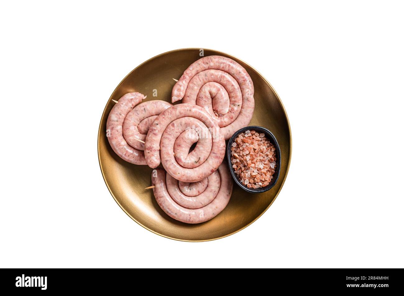 Raw spiral pork sausages, uncooked Wurst. Isolated on white background ...