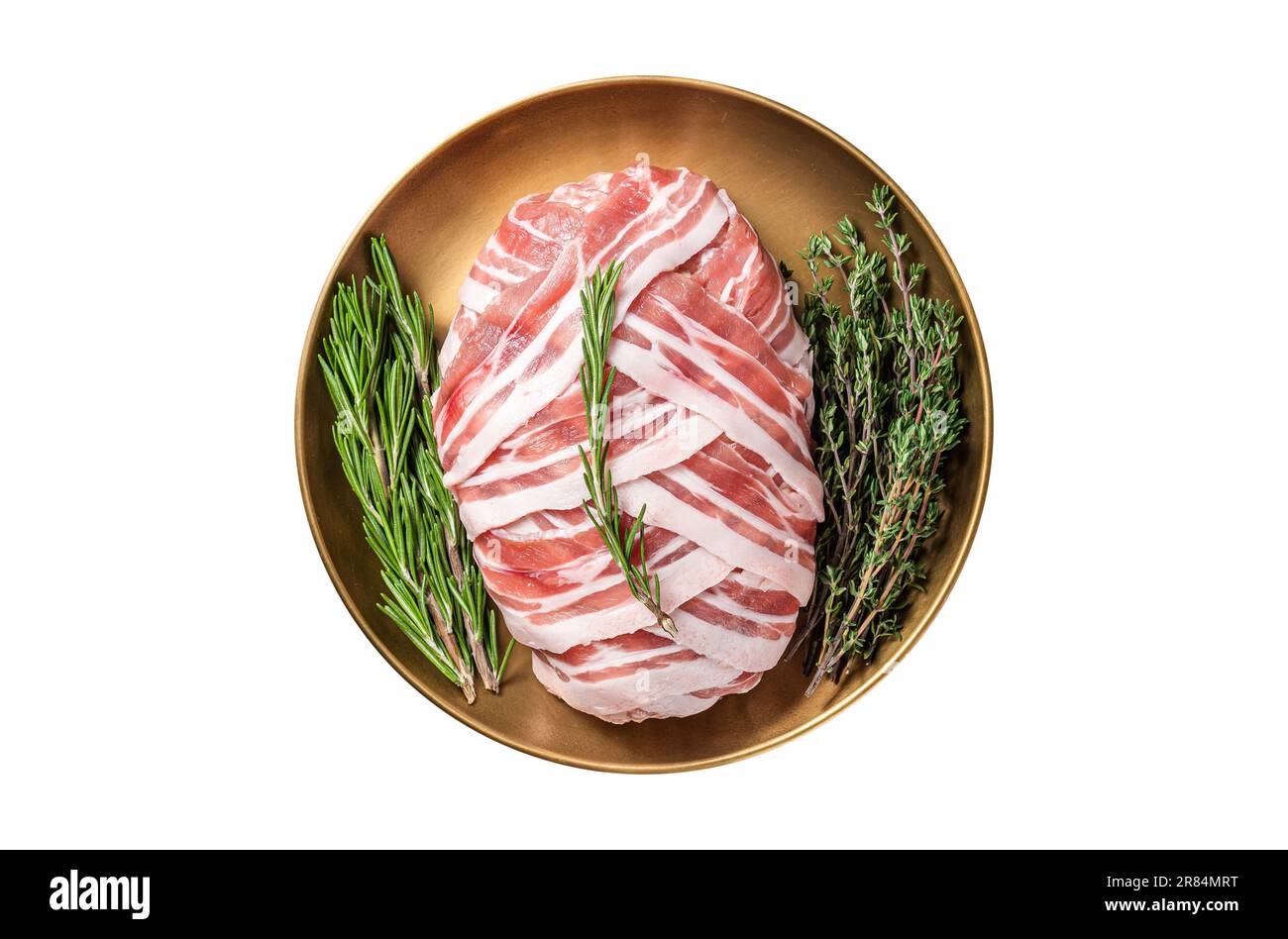 Raw meatloaf with ground beef meat and bacon with herbs and spices ...