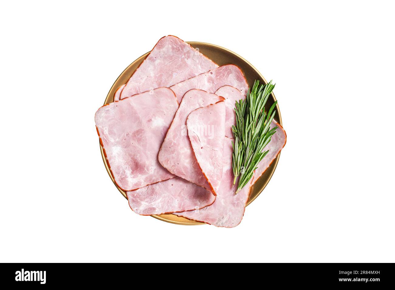 Square Sliced pork meat ham on plate. Isolated on white background ...