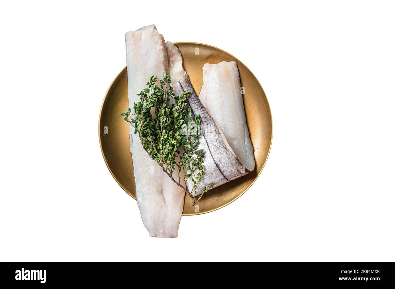 Whitefish fillet, raw Haddock fish on plate with rosemary and thyme ...