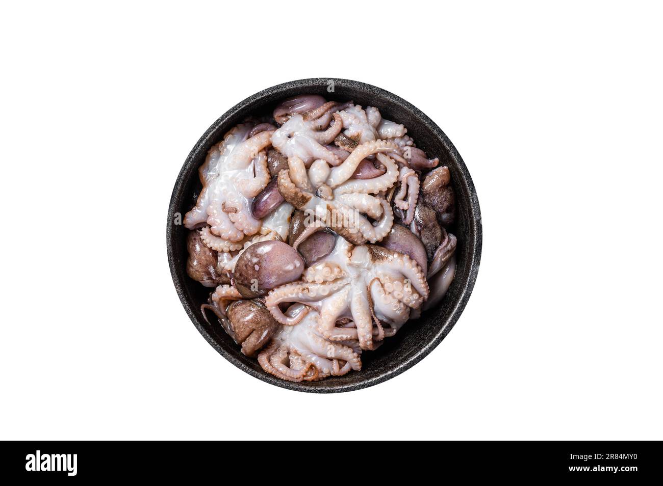 Raw young baby octopus in a skillet ready for cooking. Isolated on ...