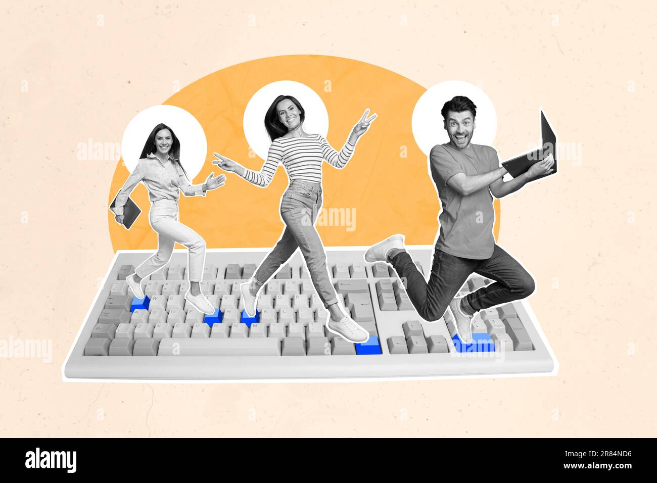 Magazine collage picture of funky excited business people typing device ...