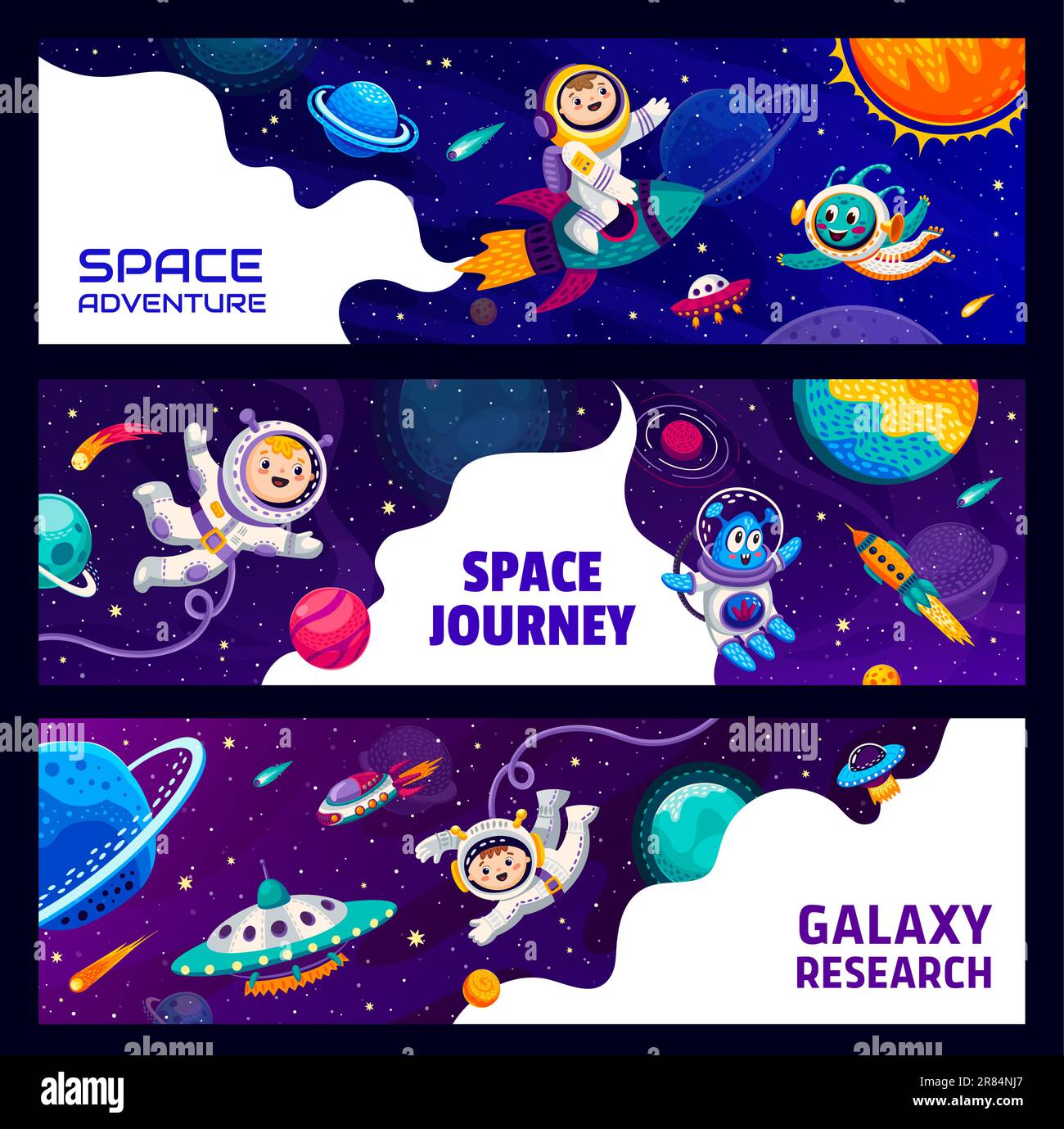 Kid astronauts and cute aliens in outer space. Outerspace travel ...