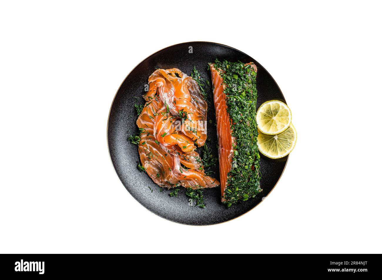 Cured Salmon fillet with dill, salt and papper, gravlax. Isolated on ...