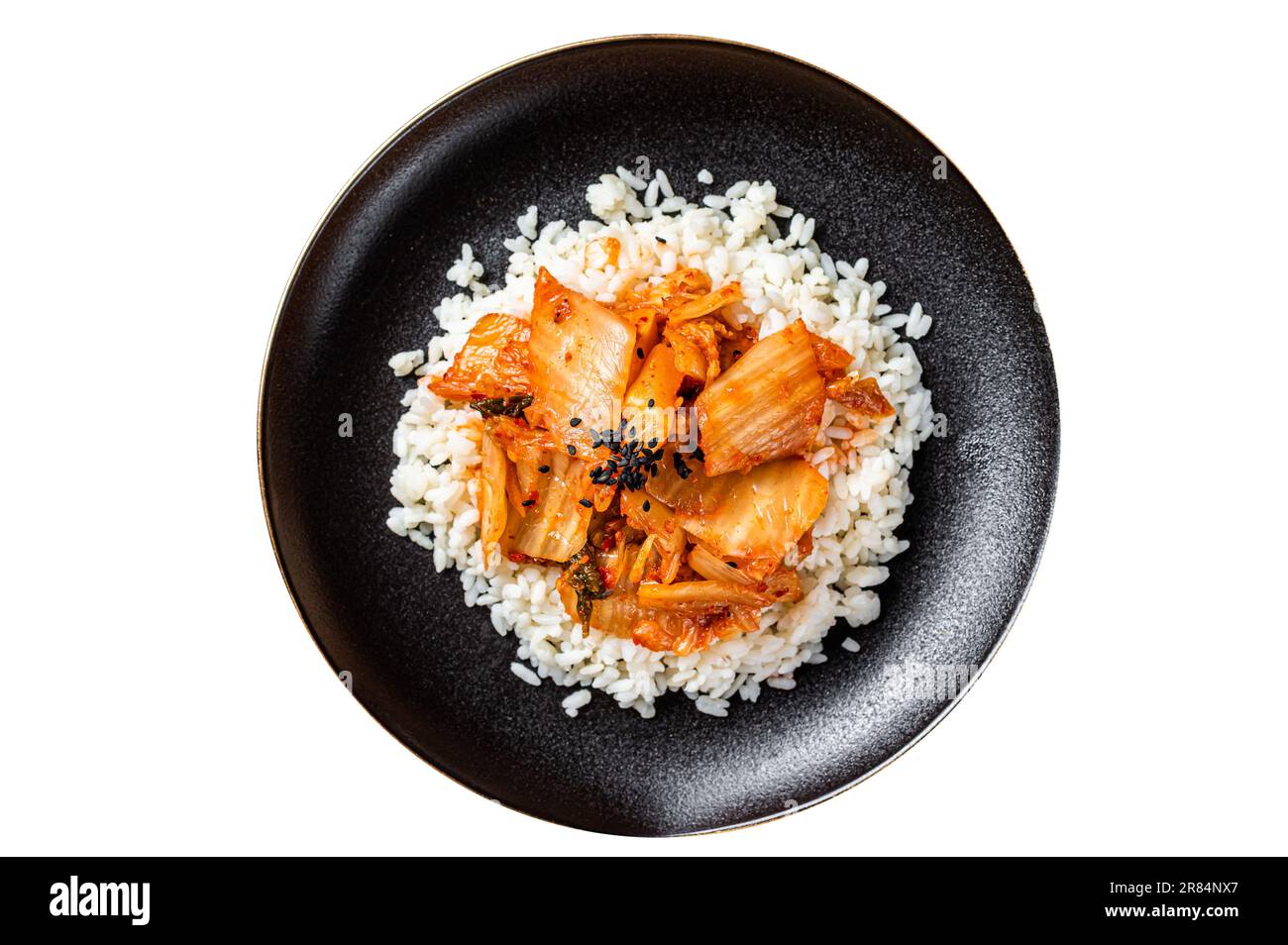 Kimchi with pork on cooked rice, traditional Korean cuisine. Isolated ...