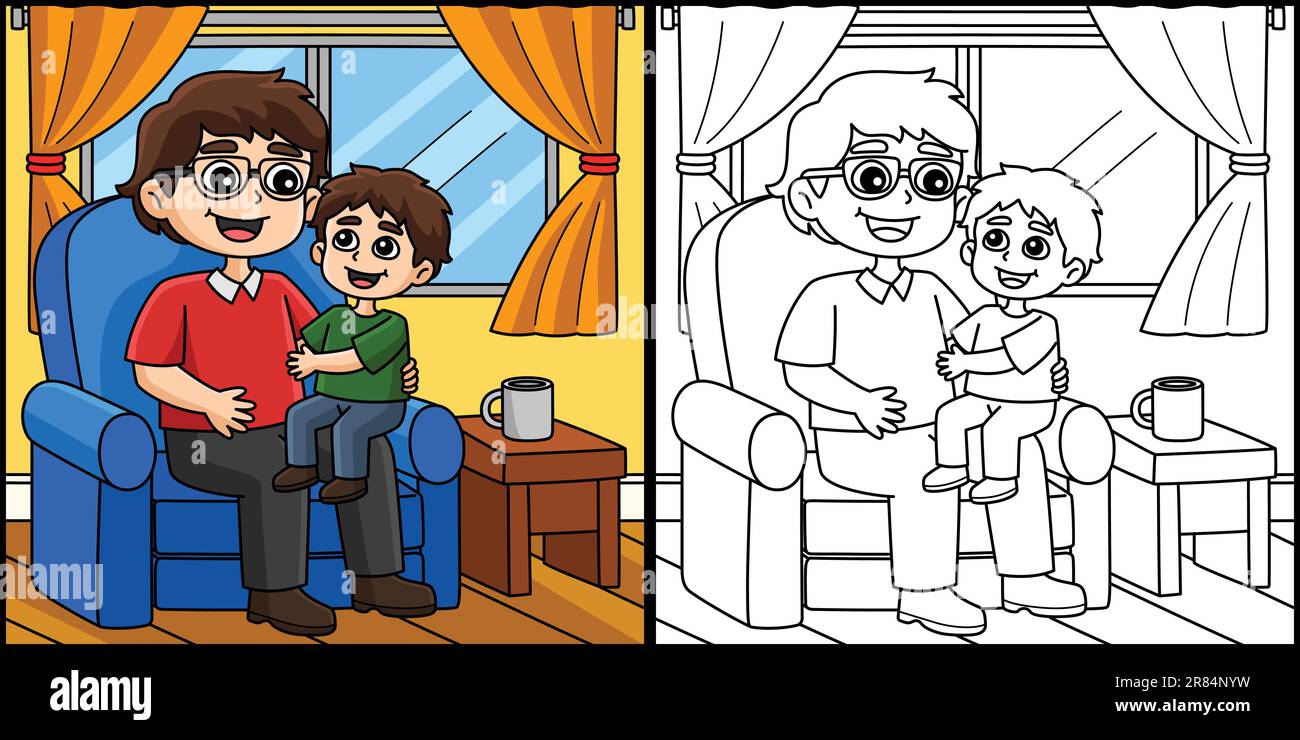 Son Sitting on Fathers Lap Coloring Illustration Stock Vector Image ...