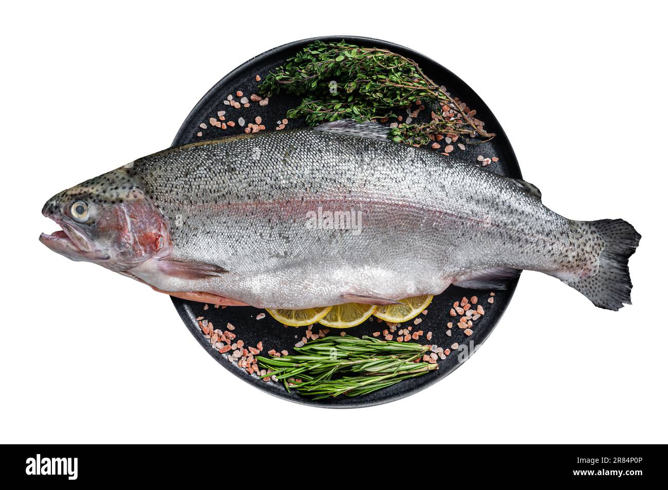 Raw Sea trout, fresh fish on a plate with herbs. Isolated on white ...