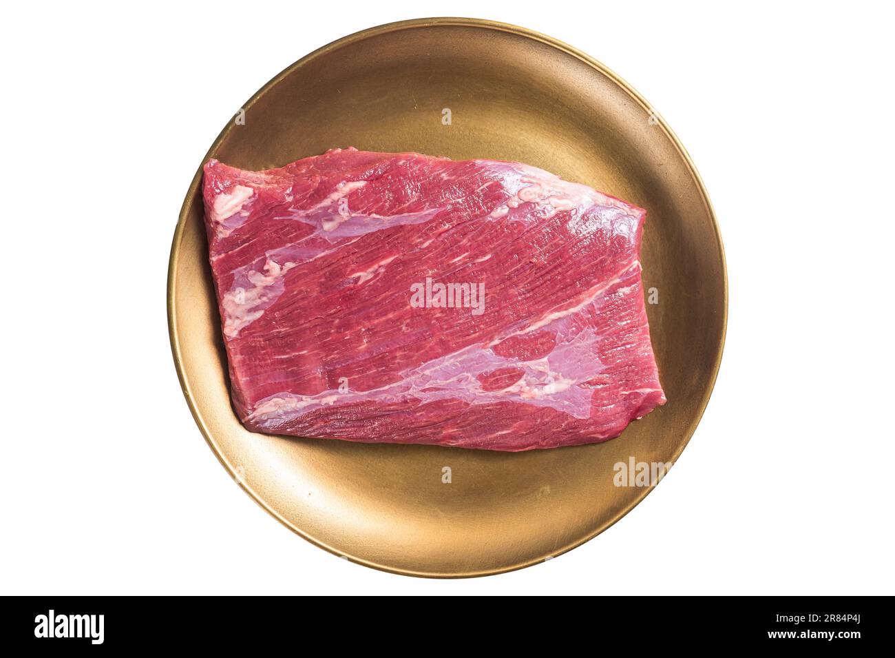 Raw flank beef marbled meat steak on butcher table. Isolated on white ...