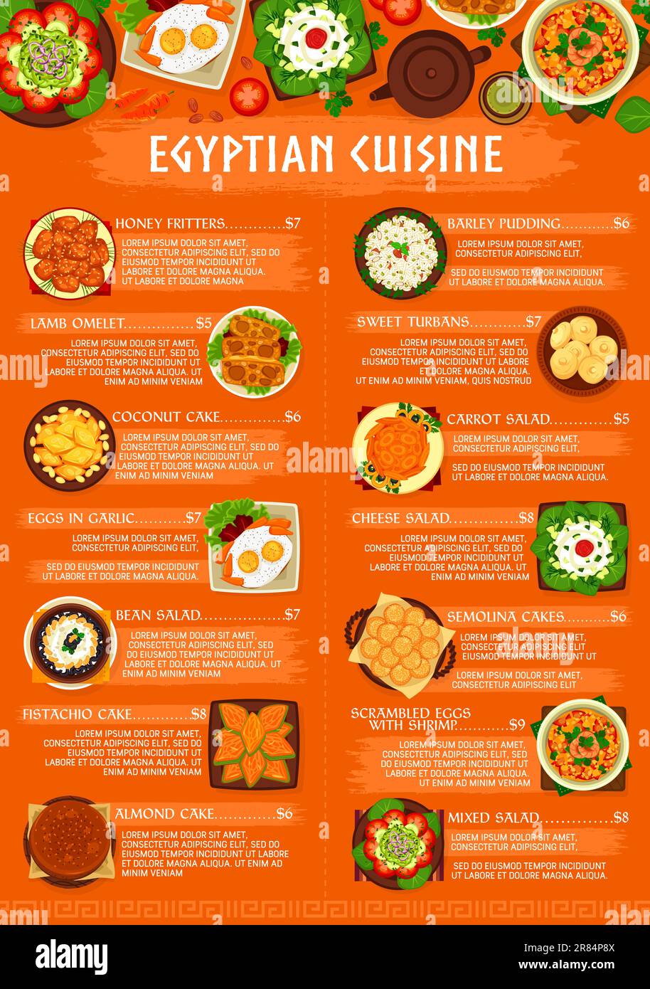 Egyptian cuisine menu design. Eggs in garlic, scrambled eggs with ...