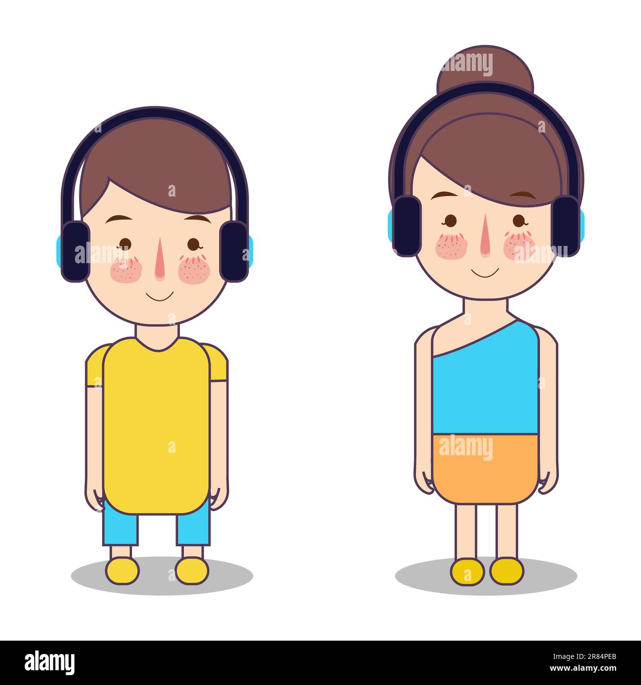 boy and girl dj with headphone technology play sound rhythm musical ...