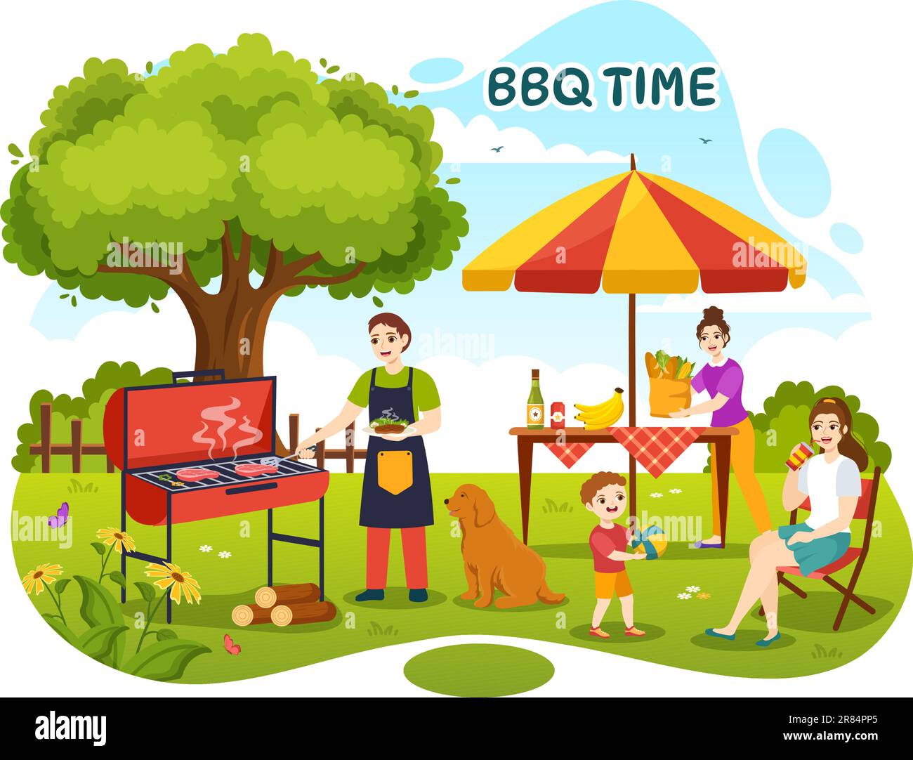 Barbecue and Grill Set Vector Illustration Kids Grilling or BBQ Party Food at Park in Festival ...