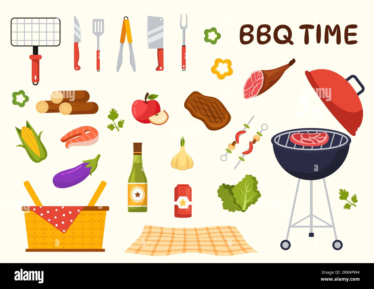 Barbecue and Grill Set Vector Illustration People Grilling or BBQ Party ...