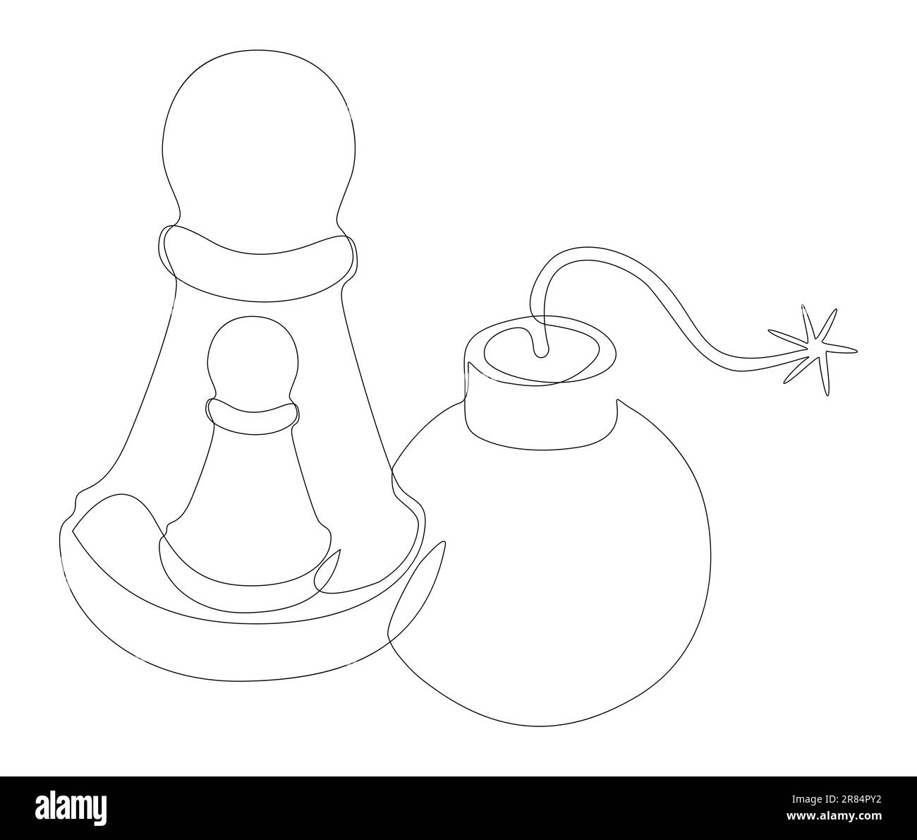 One continuous line of Pawn, Chess Piece with Bomb. Thin Line ...