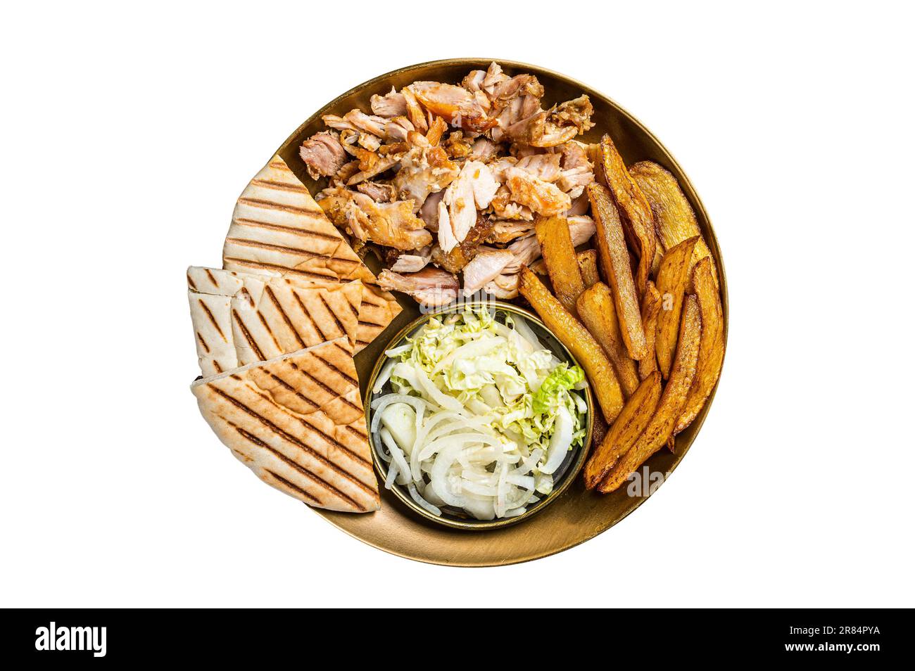 Turkish Doner kebab or gyros on a plate with french fries, vegetables ...