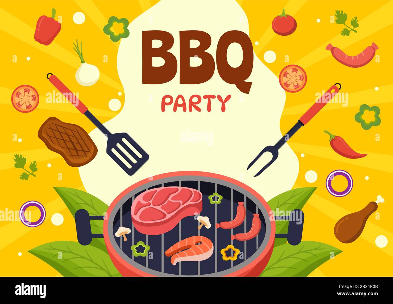 Barbecue and Grill Set Vector Illustration People Grilling or BBQ Party Food at Park in Festival ...