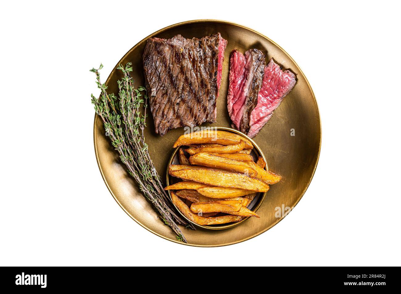 Elk steak with herbs and french fry, game meat. Isolated on white ...