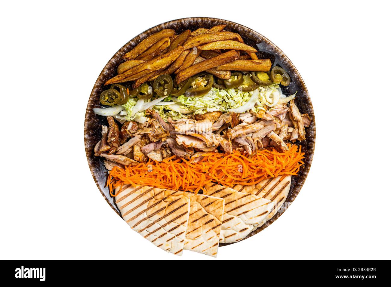 Chicken Shawarma Doner kebab on a plate with french fries, vegetables ...
