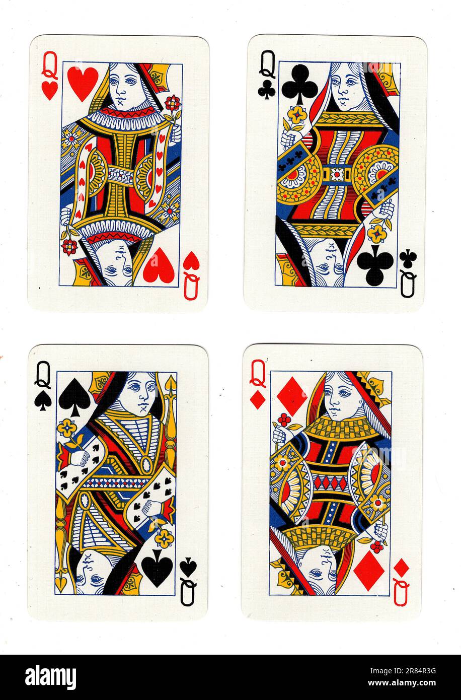 Vintage playing cards featuring four queens on a white background Stock ...
