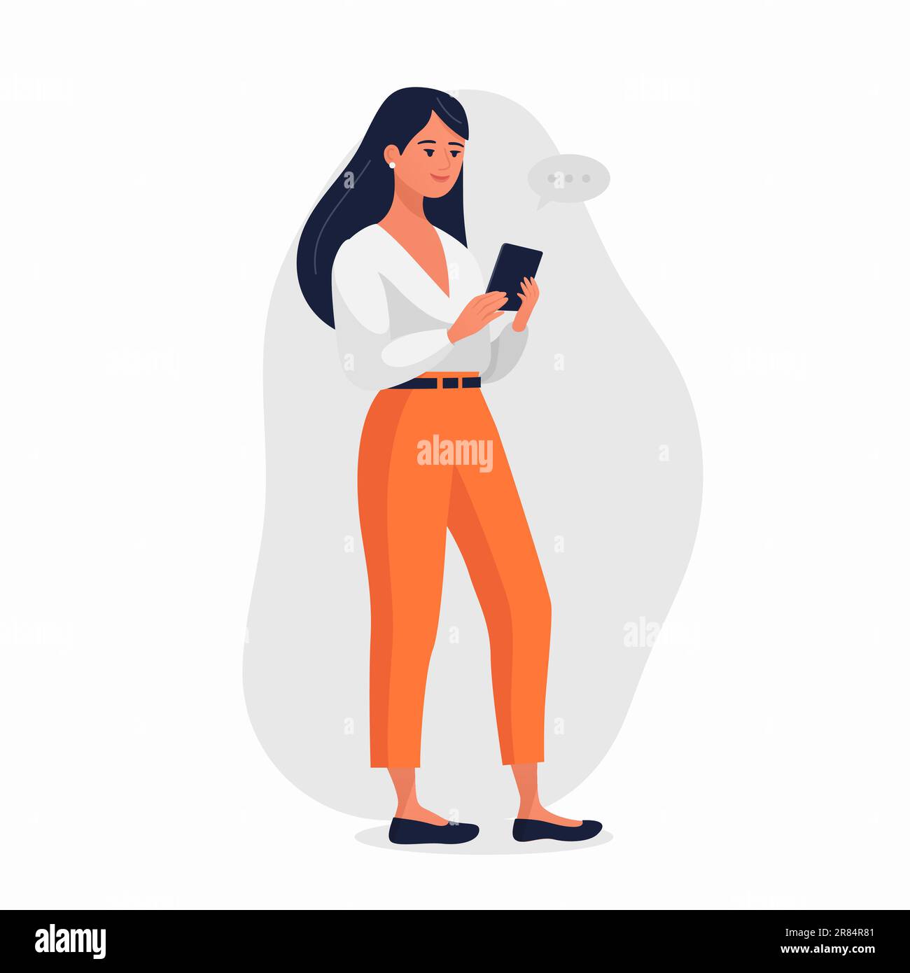 Young Girl, Woman is Looking on Smartphone and Chatting. Happy Girl ...