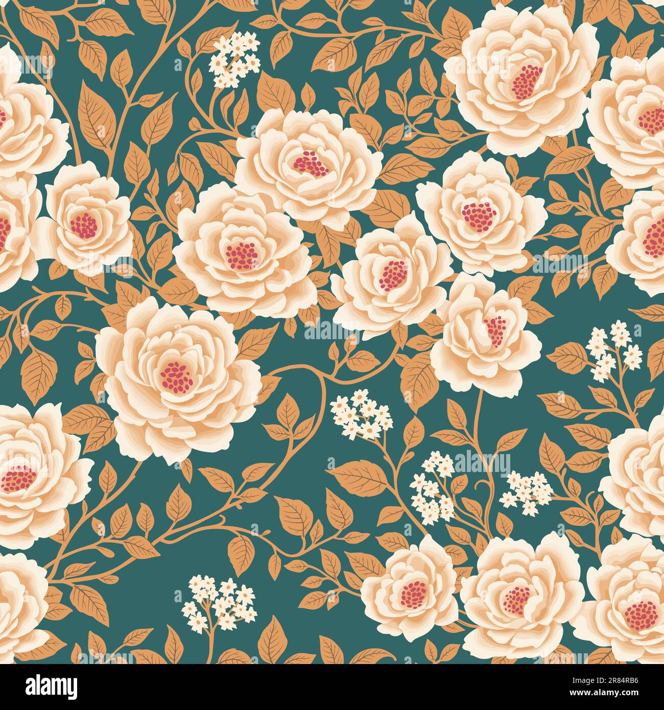 Floral Seamless Pattern of White Flowers and Buff Leaves on Teal ...