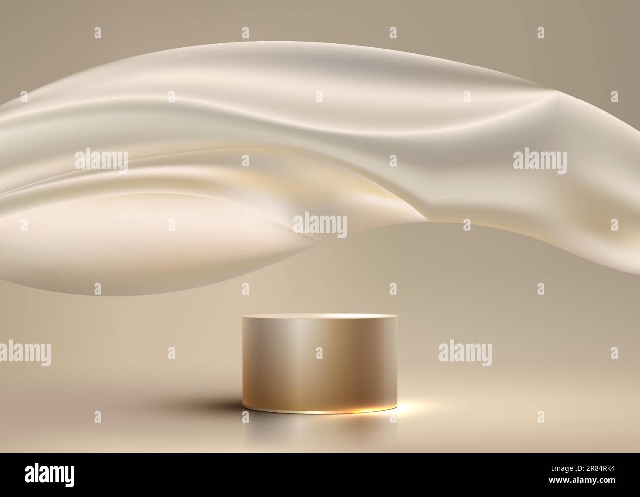 3D realistic empty golden podium stand with gold silk cloth fabric backdrop on clean background ...
