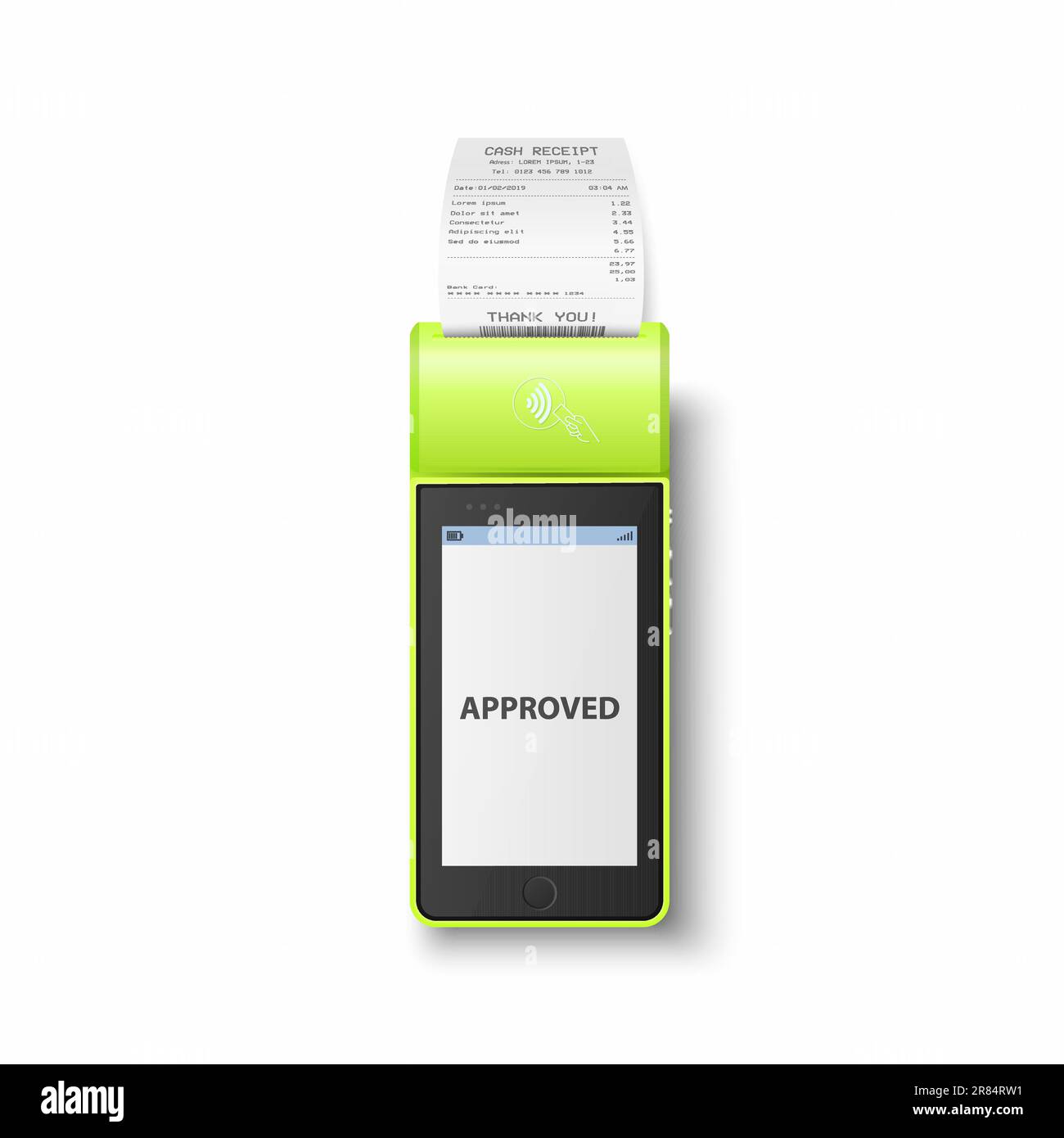 Vector 3d Green NFC Payment Machine with Approved Status and Paper Receipt, Bill. Wi-fi ...