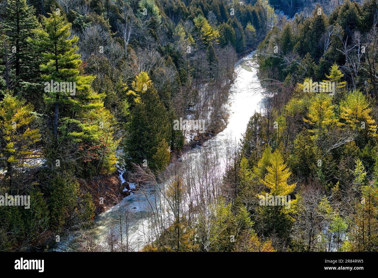 Aerial view of the river valley in the winter morning of the rural park ...
