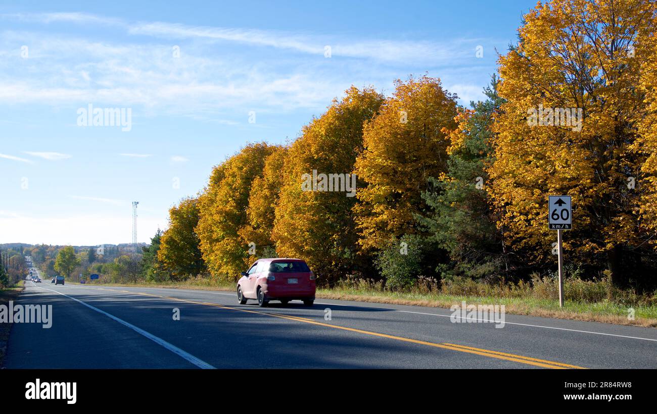 Speed limit sign on a rural highway in Autumn, Ontario, Canada Stock ...