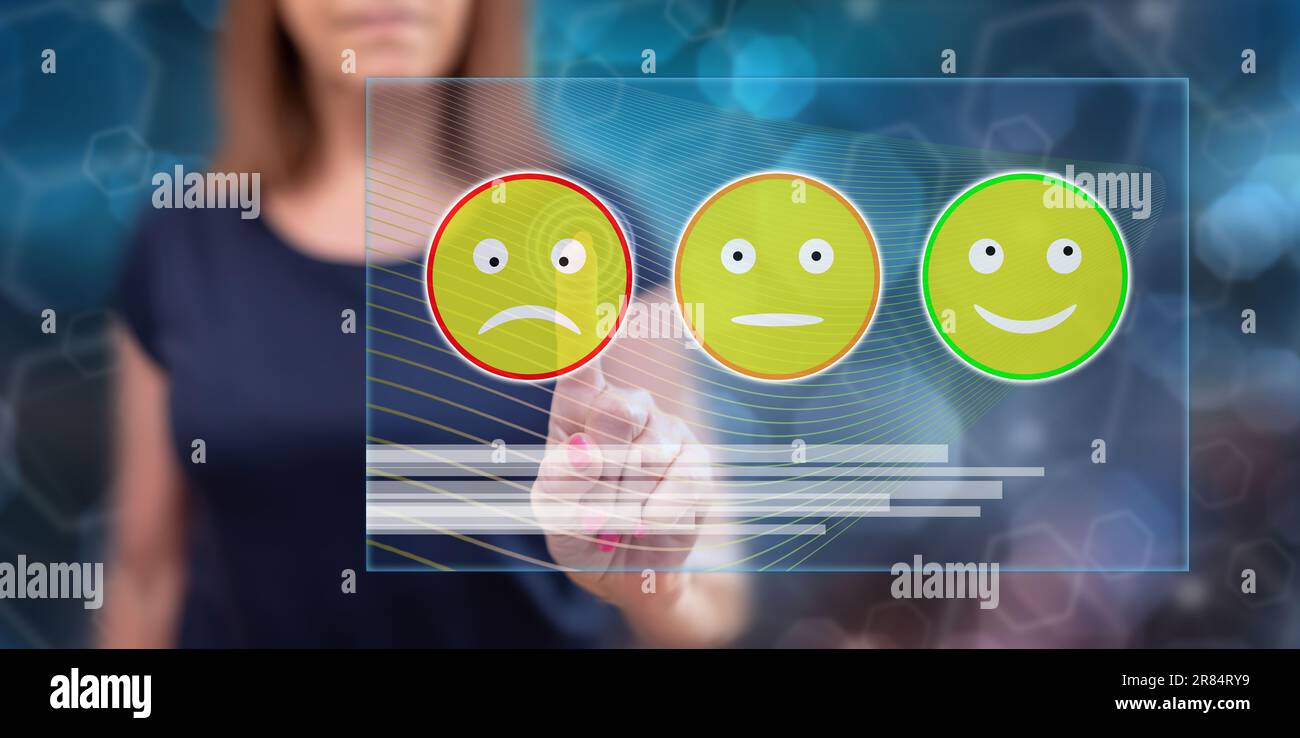Woman touching a customer satisfaction concept on a touch screen with ...