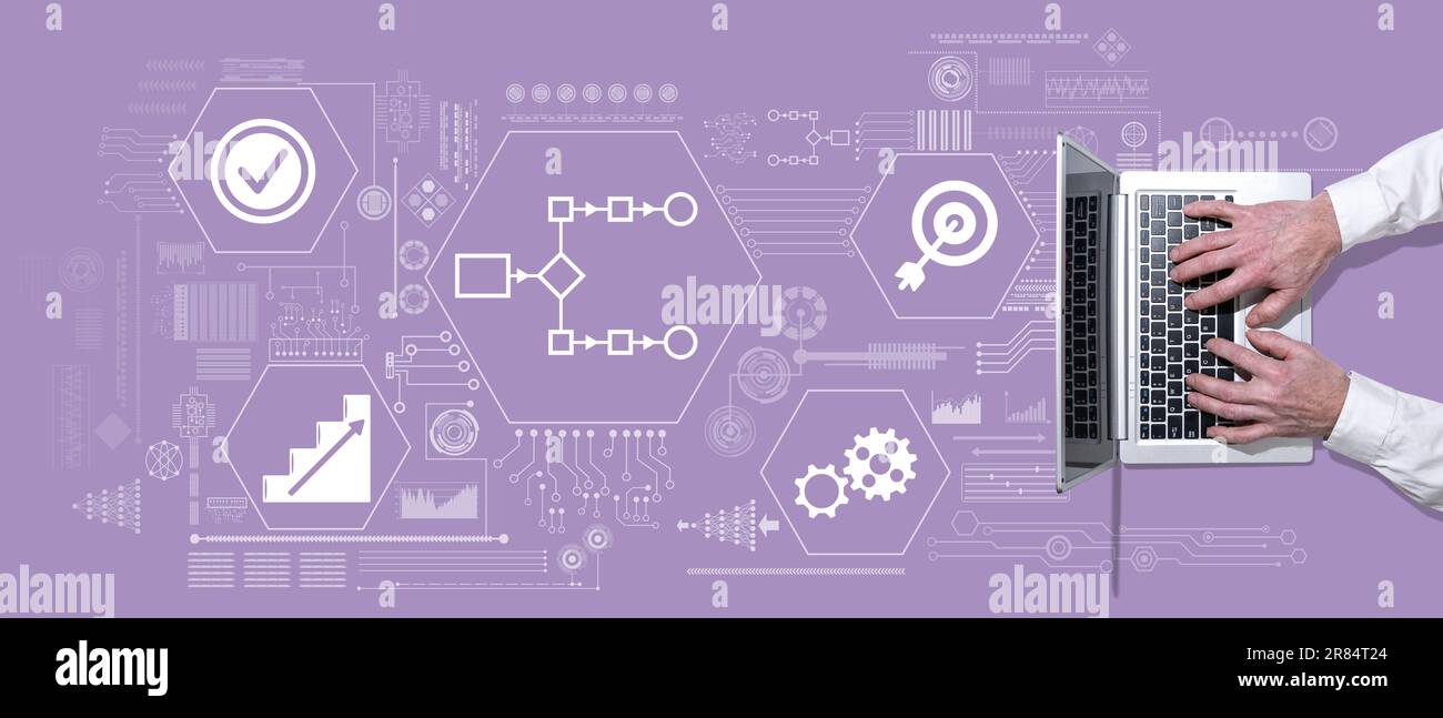 Top view of hands using laptop with symbol of workflow concept Stock ...