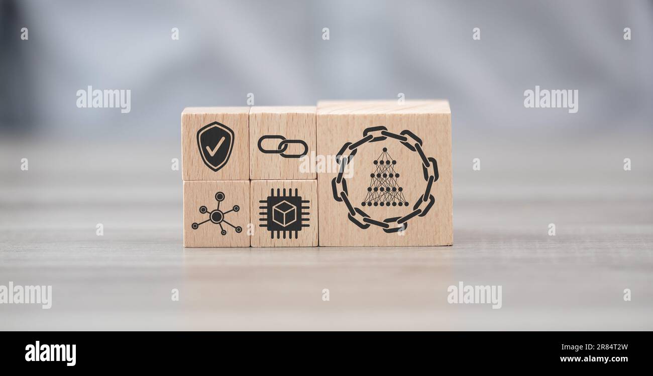 Wooden blocks with symbol of blockchain concept Stock Photo - Alamy