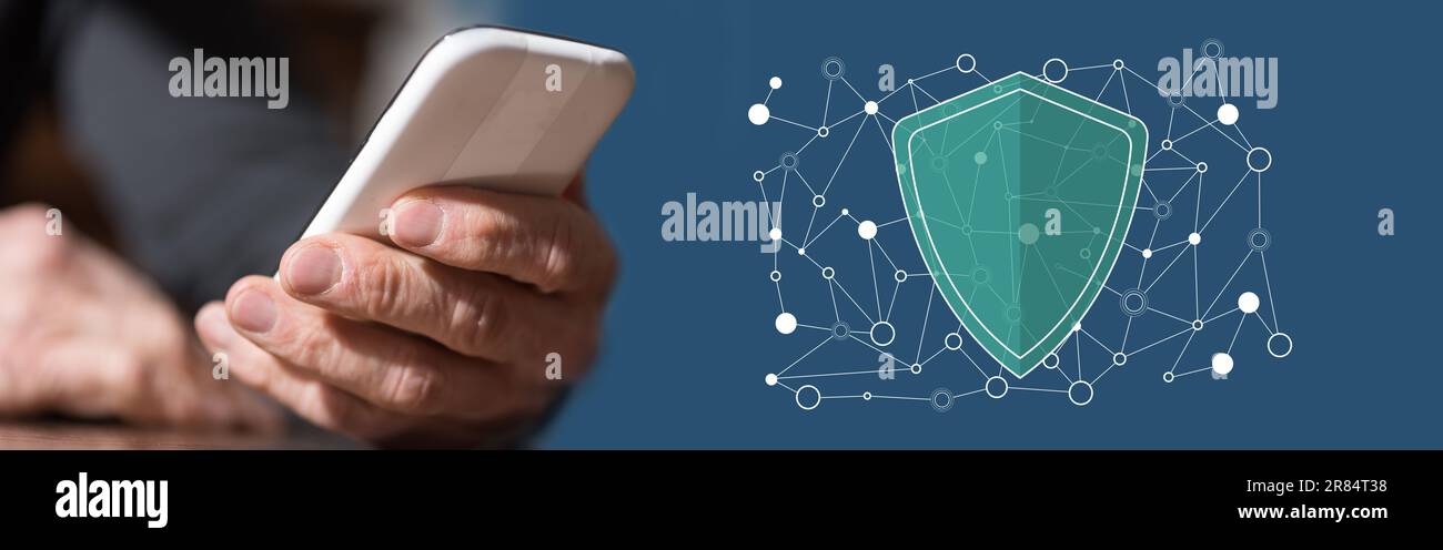 Hand holding mobil phone with network safety concept on background ...