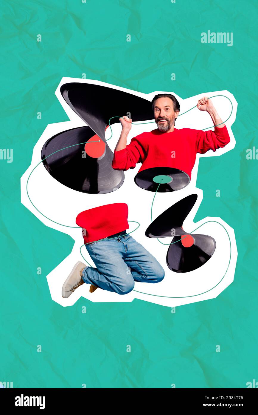 Creative trend collage of jumping up trampoline senior positive man ...