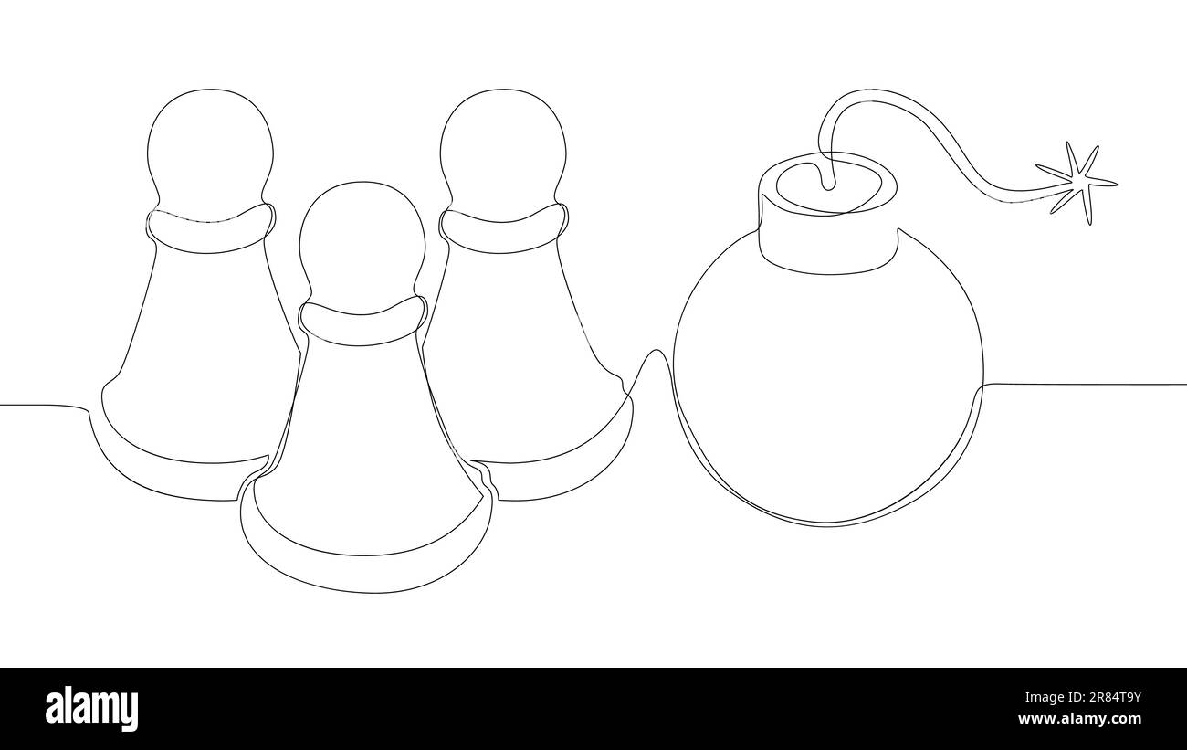 One continuous line of Pawn, Chess Piece with Bomb. Thin Line ...