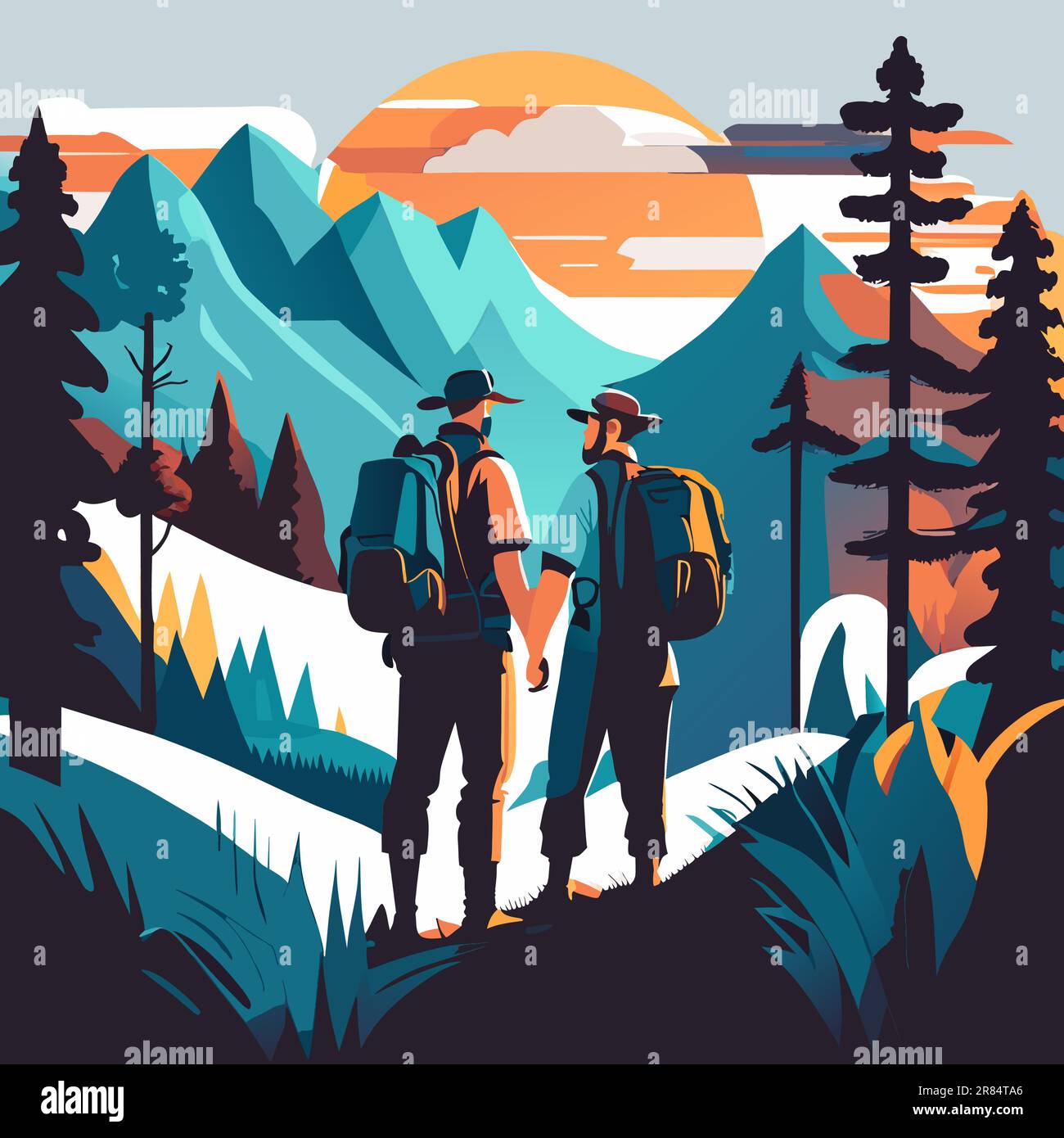 Two tourists with backpacks standing in mountain landscape with forest ...