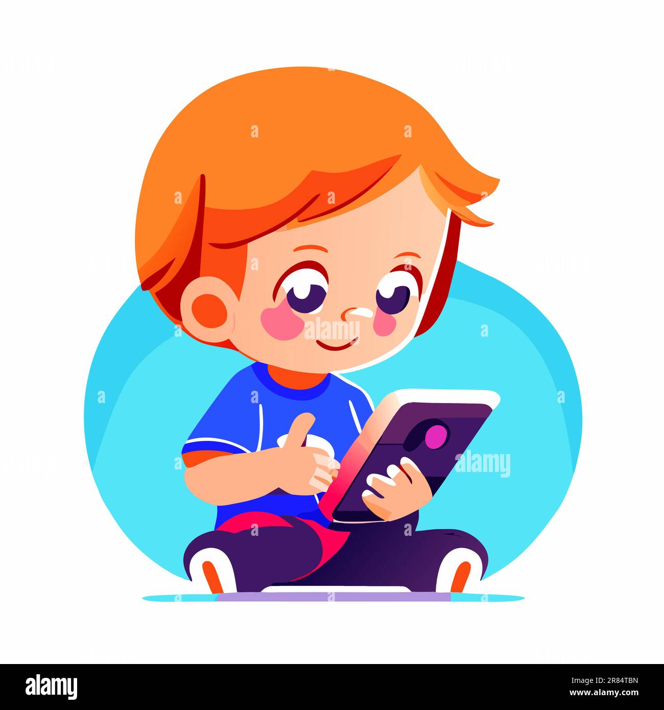 Young boy uses his phone vector illustration isolated on white, phone ...