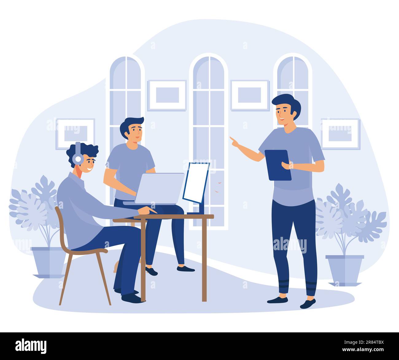 Team Three Male Office Workers, Actively Discussing New Business ...