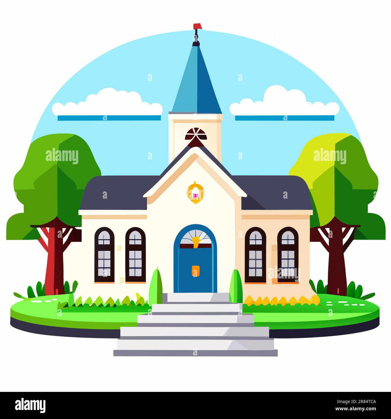 Vector modern school building, School facade and yard. Front view ...