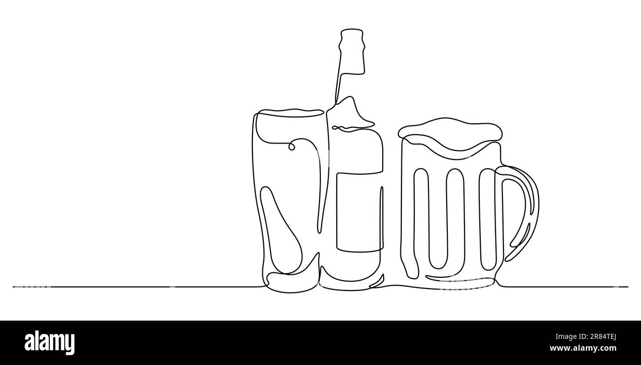 Set Of Beerbeer Bottlebeer Mug Beer Glass In One Line Drawing Vector Illustration Stock