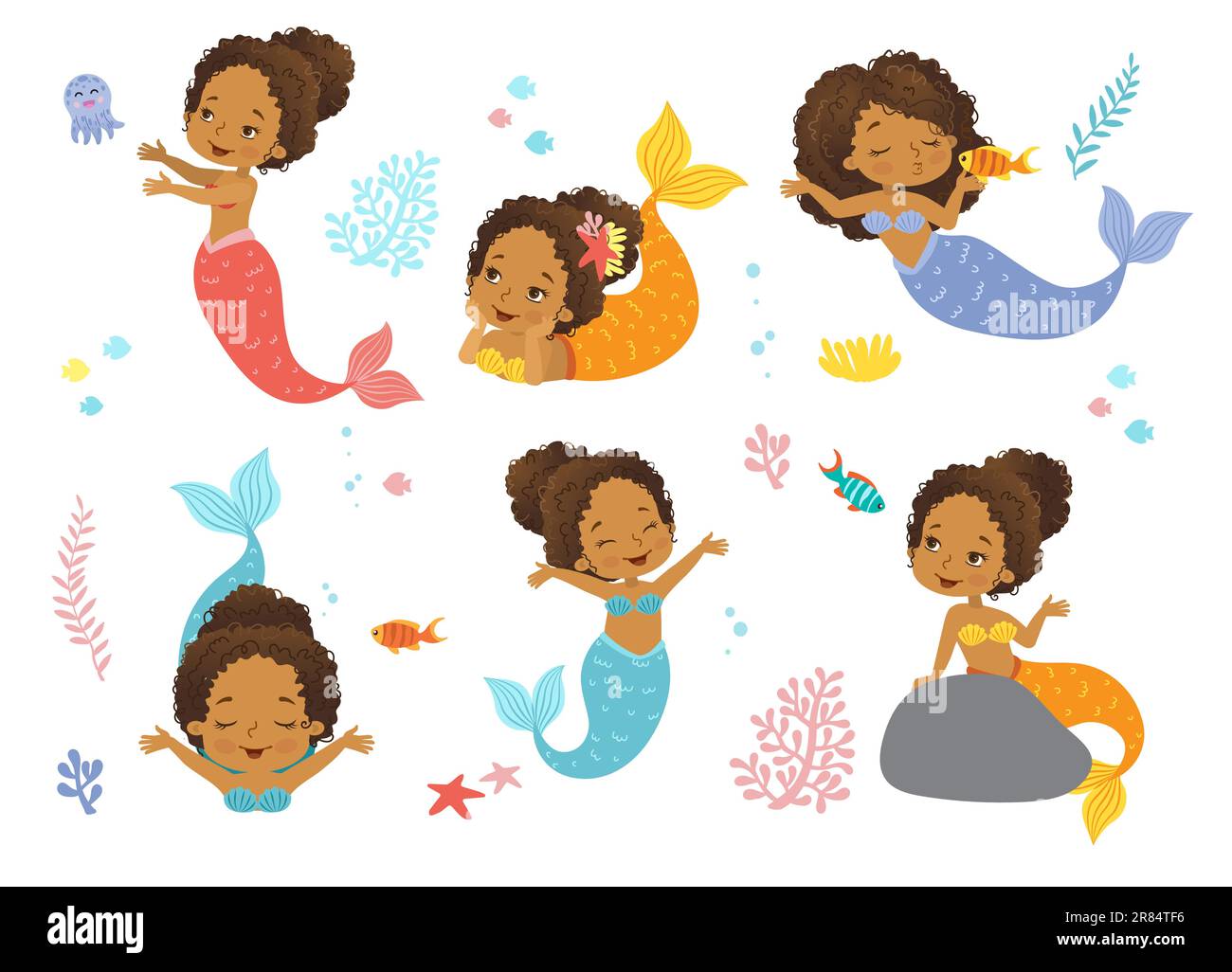 Vector set in a cartoon style of Beautiful Girl Mermaid african ...