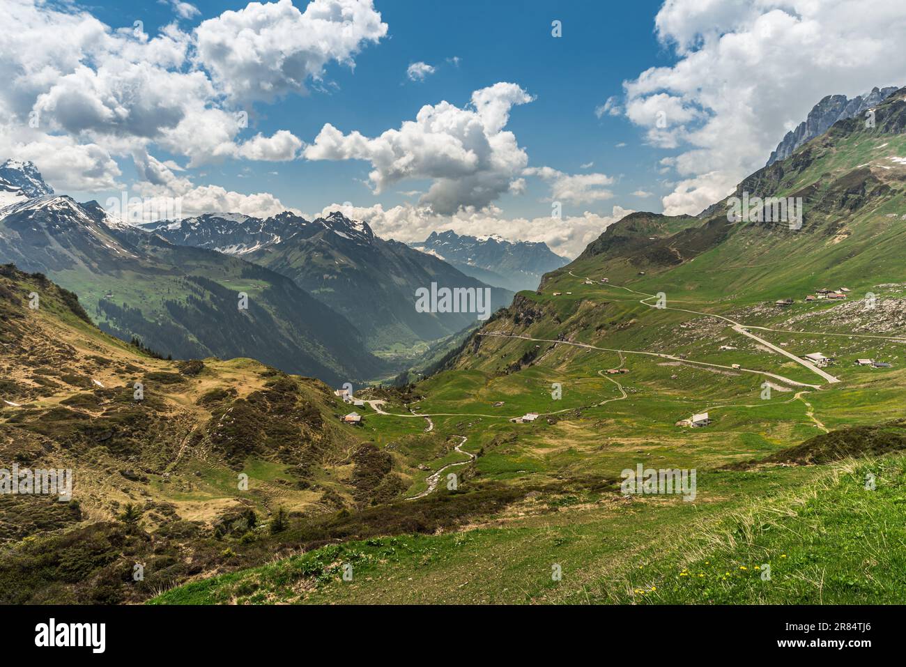 Mountain panorama at Klausenpass, view of the serpentines of the pass ...