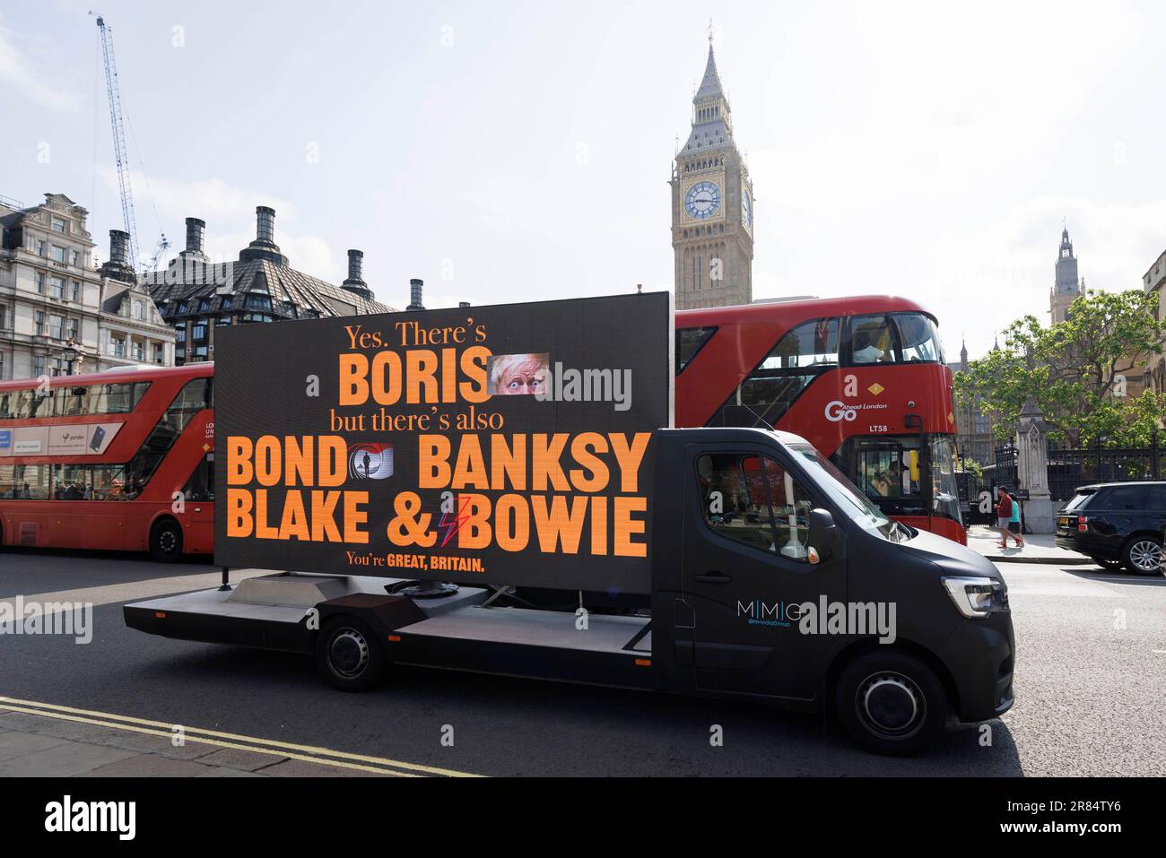 EDITORIAL USE ONLY A mobile billboard outside the Houses of Parliament, unveils CPB London's 'A ...