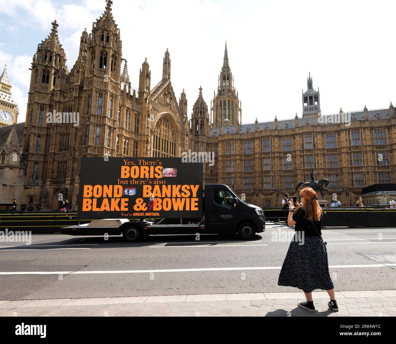 EDITORIAL USE ONLY A mobile billboard outside the Houses of Parliament, unveils CPB London's 'A ...