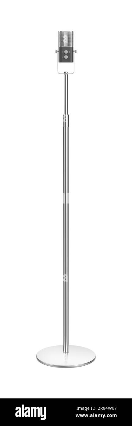 Silver audio microphone on stand on white background Stock Photo - Alamy