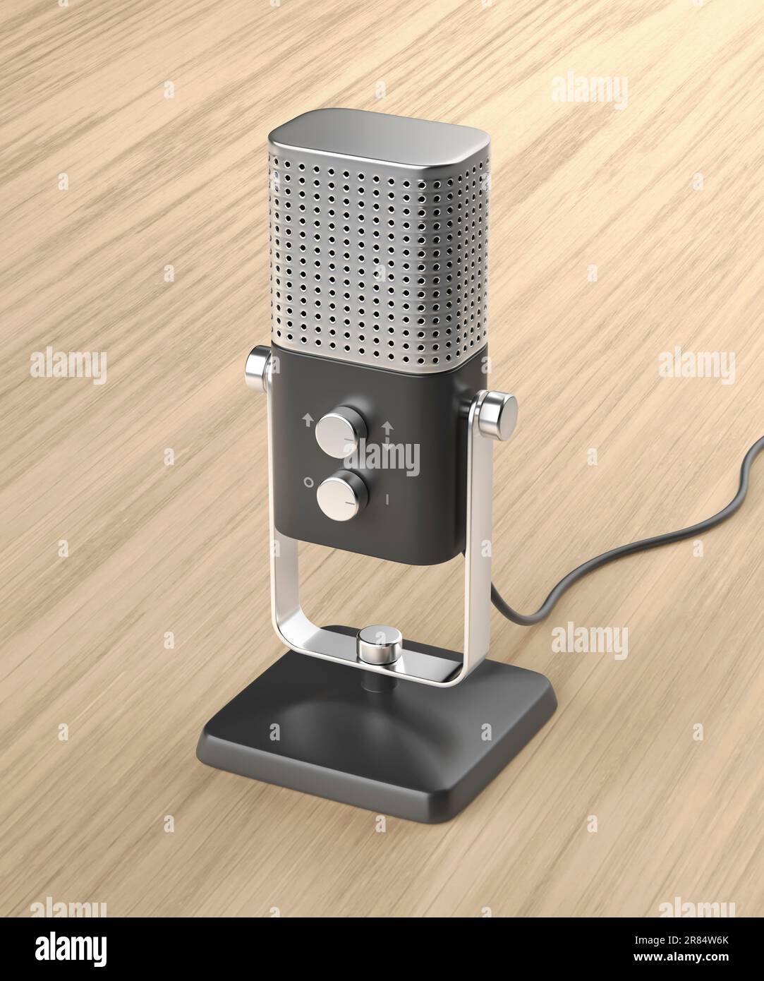 Modern studio microphone on wooden desk Stock Photo - Alamy